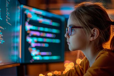 Young Girl Coding Intently On A Computer In The Room At Home Premium Ai Generated Image