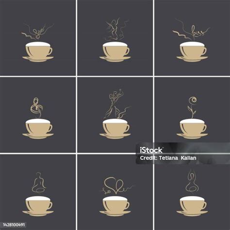 거품과 증기가있는 커피 음료가있는 컵 세트는 심장 춤추는 커플 및 기타의 다양한 실루엣 형태로 제공됩니다 플랫 스타일의 벡터