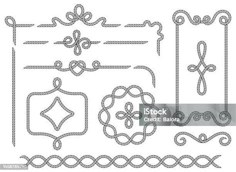 밧줄 다양한 장식 로프 요소 및 프레임 세트 격리된 검은색 윤곽선 곡선에 대한 스톡 벡터 아트 및 기타 이미지 곡선 곧은