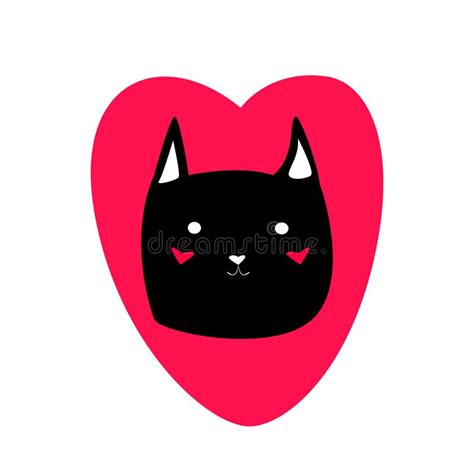 Black Cute Cartoon Style Cat In Shape Of Red Heart Vector Illustration