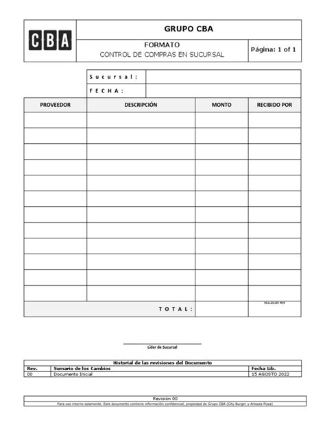 Formato Control De Compras En Sucursal Pdf