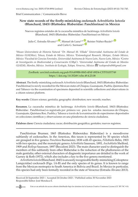 Pdf New State Records Of The Firefly Mimicking Cockroach Achroblatta