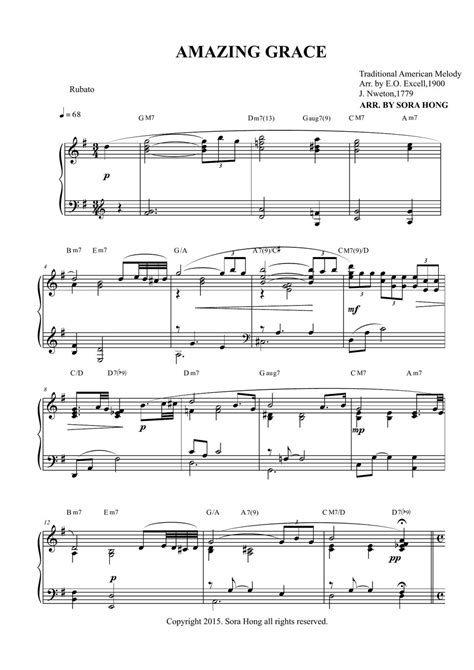 Amazing Grace 나 같은 죄인 살리신 Piano By Sora Hong Sheets