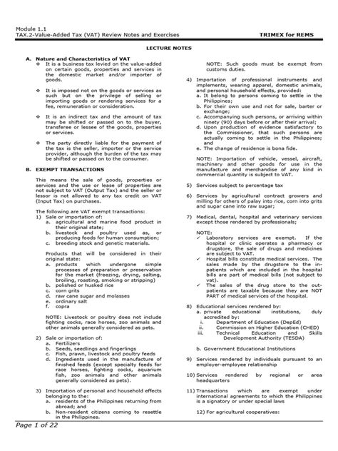 Module 1 1 Vat Review Notes And Exercises Pdf Value Added Tax Taxes