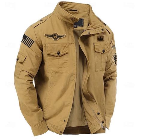 Tactical Khaki Military Jacket Usa Flag Patch Shoulder Straps Mens Sz