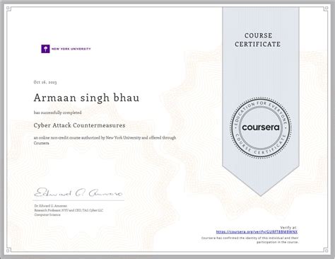 Completion Of Cyber Attacks Countermeasures Course Armaan Singh Bhau