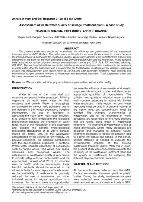 PDF Assessment Of Waste Water Quality Of Sewage Treatment Plant A Case Study
