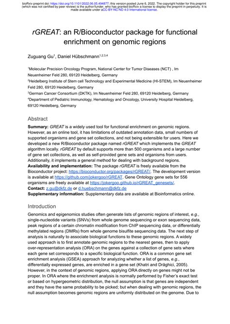 pdf rgreat an r bioconductor package for functional enrichment on