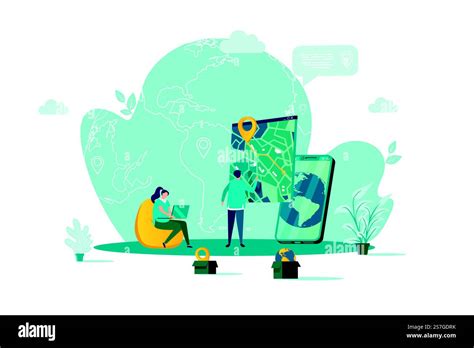 Gps Navigation Concept In Flat Style Man Uses Gps Navigator Scene Navigate Mapping Technology