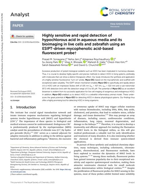 Pdf Highly Sensitive And Rapid Detection Of Hypochlorous Acid In