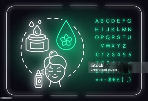 피부에 보습 페이스 케어 네온 라이트 컨셉 아이콘 화장품 보습제 스킨 케어 아이디어 알파벳 숫자 및 기호와 외부 빛나는