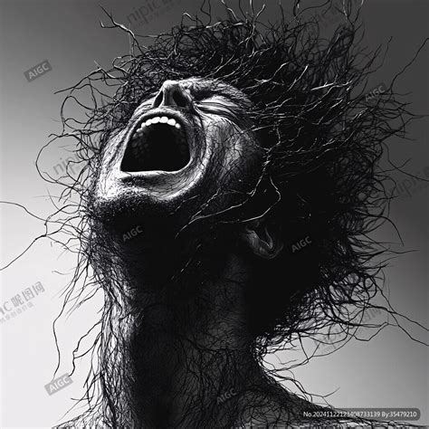 Ai创作图扭曲人像插画 视冲击力广告装饰画 Head大喊 人物夸张设计 另类高清图片 绝望的叫喊 皱纹人物素材 个性夸张海报 黑白数码稿 剃须刀广告创意 狂放设计设计 歇斯底里水墨 人物头发
