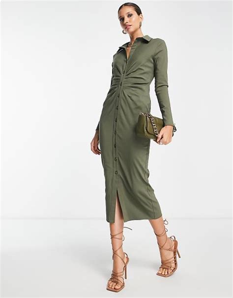 Asos Design Collared Open Back Button Through Ruched Front Midi Dress