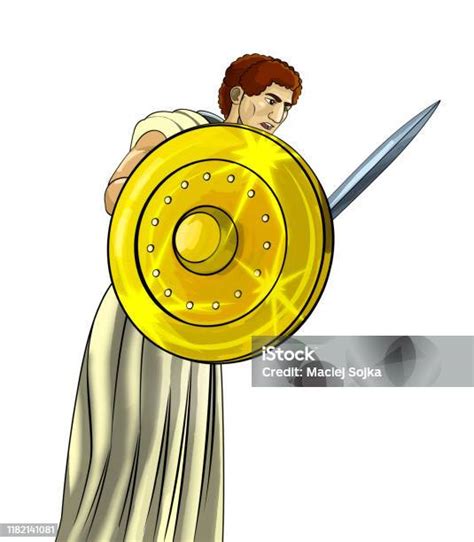 흰색 배경에 로마 또는 그리스 고대 문자 전사 또는 검투사와 만화 장면 검투사에 대한 스톡 벡터 아트 및 기타 이미지 검투사