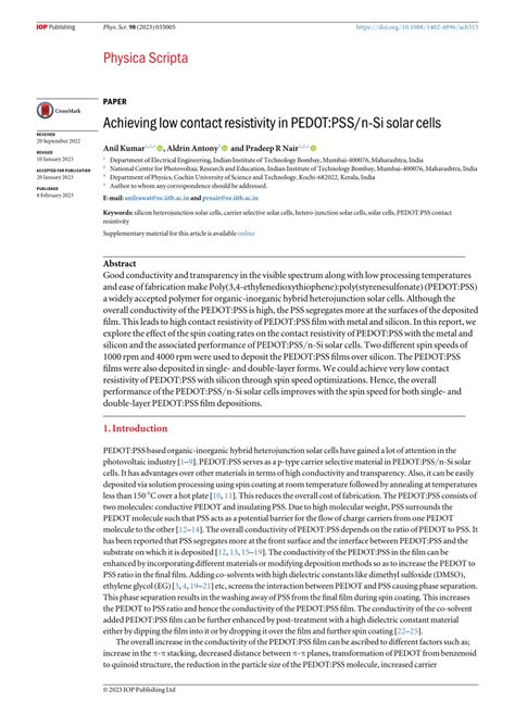Achieving Low Contact Resistivity In Pedotpssn Si Solar Cells