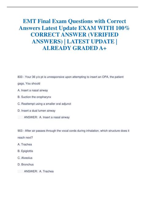 emt final exam questions with correct answers latest update exam with 100 correct answer