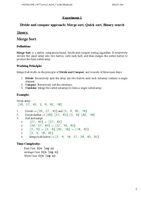 Experiment 2 Divide And Conquer Merge Sort Quick Sort Binary