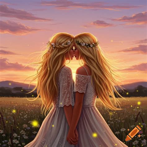 Two Blonde Women In White Dresses And Flower Crowns Holding Hands And