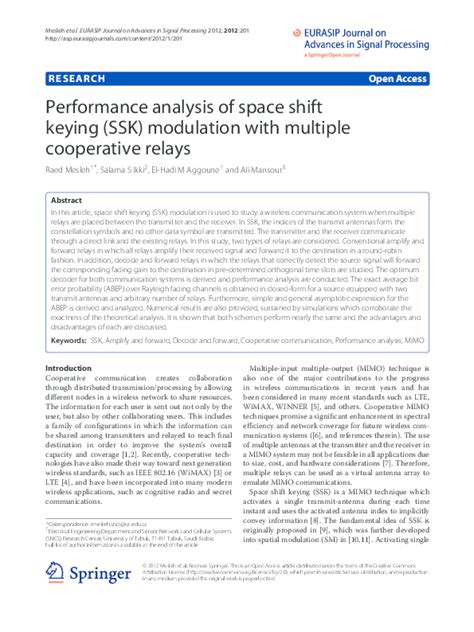 Pdf Performance Analysis Of Space Shift Keying Ssk Modulation With Multiple Cooperative Relays