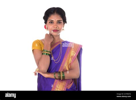 Beautiful Indian Young Girl Posing In Traditional Indian Saree On White