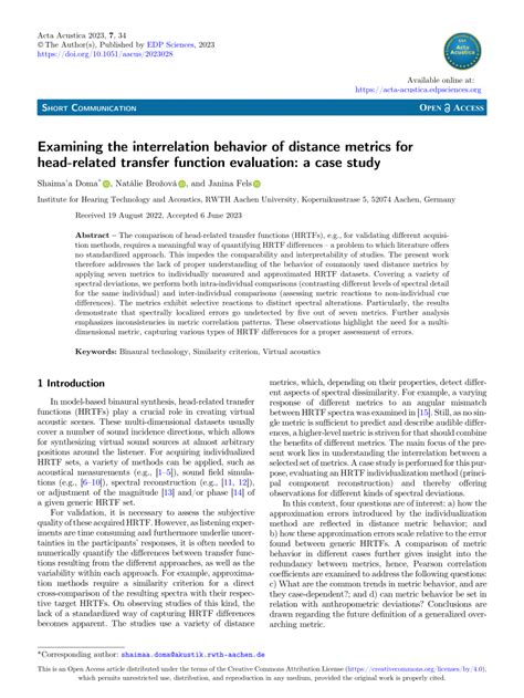 Pdf Examining The Interrelation Behavior Of Distance Metrics For Head Related Transfer
