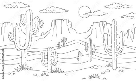 Desert Landscape Line Sketch With Cactus Coloring Scene Prairie