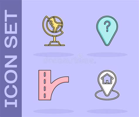 Set Location With House Earth Globe Road Traffic Sign And Unknown Route Point Icon Vector