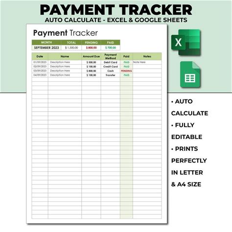 Payment Tracker Spreadsheet Template Printable Client Payment History Log Editable Excel