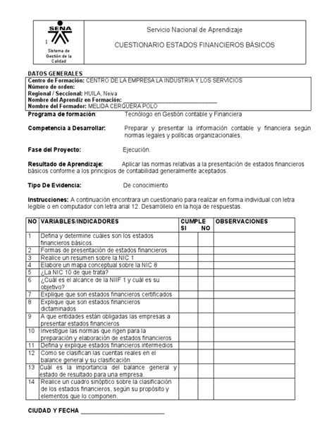 Cuestionario Estados Financieros Pdf Contabilidad Estado Financiero