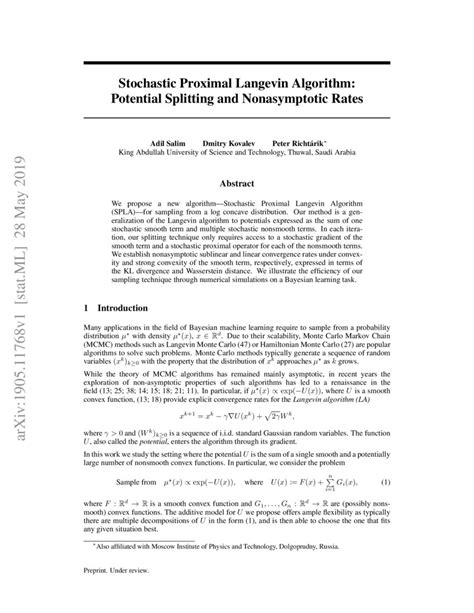 stochastic proximal langevin algorithm potential splitting and