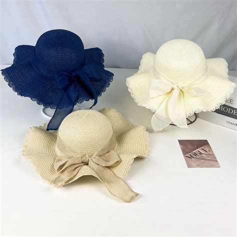 Navy Blue Lotus Hat Woven Sun Hat With Ribbon Bow