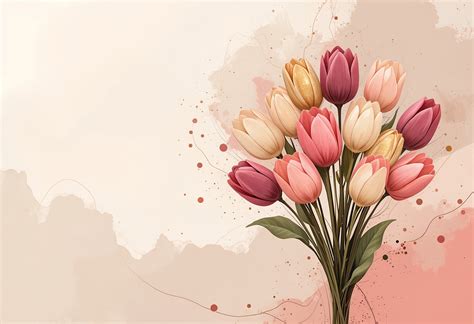 รูปภาพฟรี ภาพวาดดอกไม้ร่วมสมัยของดอกทิวลิปช่อดอกไม้บนพื้นหลังสีชมพูพาสเทล