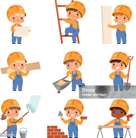 작은 빌더 노란색 헬멧 벡터 문자에서 작업 빌더를 만드는 건설 도구를 가진 어린이 아이에 대한 스톡 벡터 아트 및 기타 이미지 아이 건설 산업 어린 시절 Istock