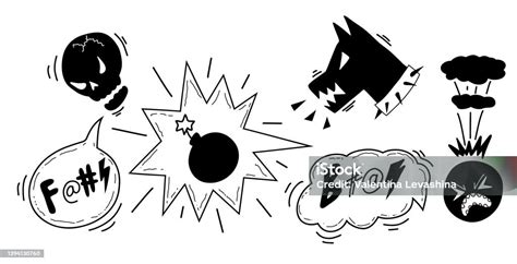 맹세 단어 기호가있는 낙서 손으로 그린 연설 거품 저주 두개골 뼈 번개와 함께 만화 연설 거품 화가 비명을 지르는 얼굴 이모티콘 흰색에 격리된 벡터 일러스트레이션입니다