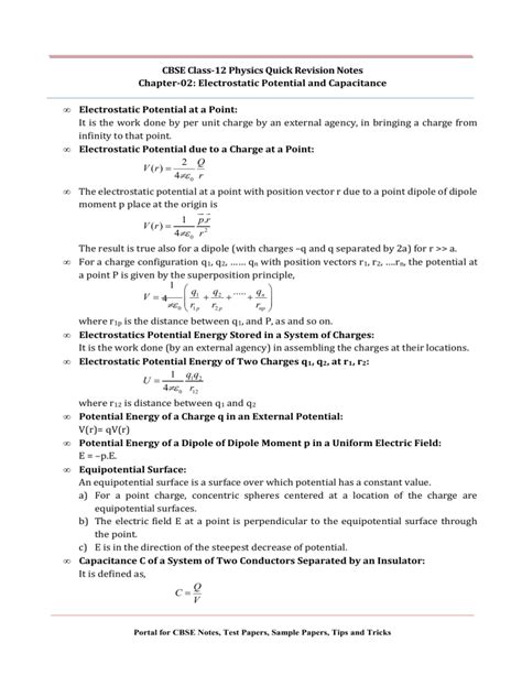 Electrostatic Potential And Capacitance Quick Revision Notes