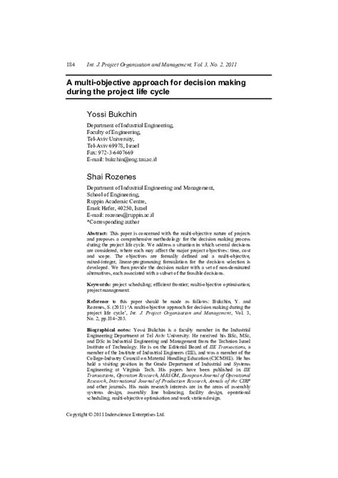 Pdf A Multi Objective Approach For Decision Making During The Project