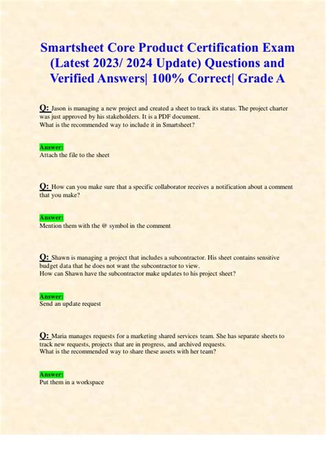 Smartsheet Core Product Certification Exam Latest 2023 2024 Update Questions And Verified