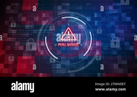 Red Malware Warning With Exclamation Mark In Circle With Numbers Blue Background With Text Code