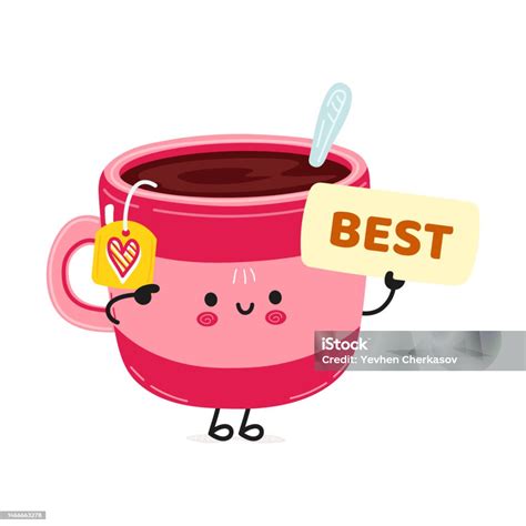 귀여운 재미있는 핑크색 차 한잔 포스터 비문 최고의 캐릭터 벡터 손으로 그린 만화 Kawaii 캐릭터 그림입니다 격리된 흰색