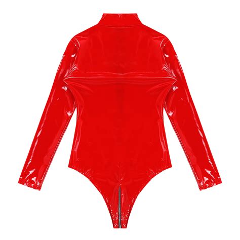 Damen Wetlook Lackleder Bodysuit Reißverschluss Catsuit Langarm Leotard