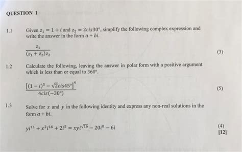 Solved 11 Given Z11i And Z22 Cis 30∘ Simplify The