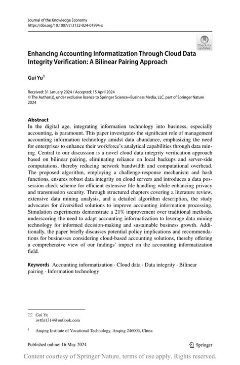 Enhancing Accounting Informatization Through Cloud Data Integrity Verification A Bilinear