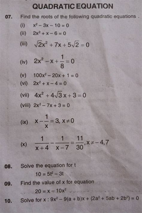 Quadratic Equation Find The Roots Of The Following Quadratic Equations