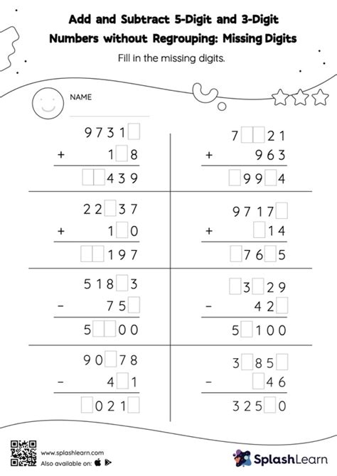 Add And Subtract 5 Digit And 3 Digit Numbers Without Regrouping Missing Digits Worksheet