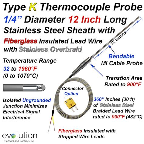 Type K Thermocouple 14 Probe With Stainless Steel On Fiberglass Leads