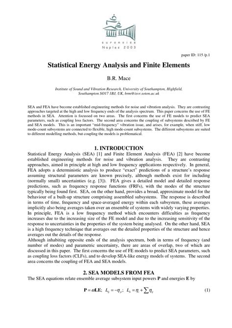 Pdf Statistical Energy Analysis And Finite Elements