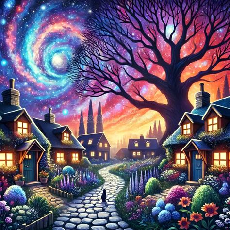A Cobblestone Path Leading Through A Magical Village Under A Cosmic Swirl Stock Illustration