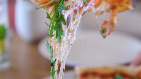 Girl Takes A Slice Of Pizza Cheese Stretches A Lot Pizza Margherita