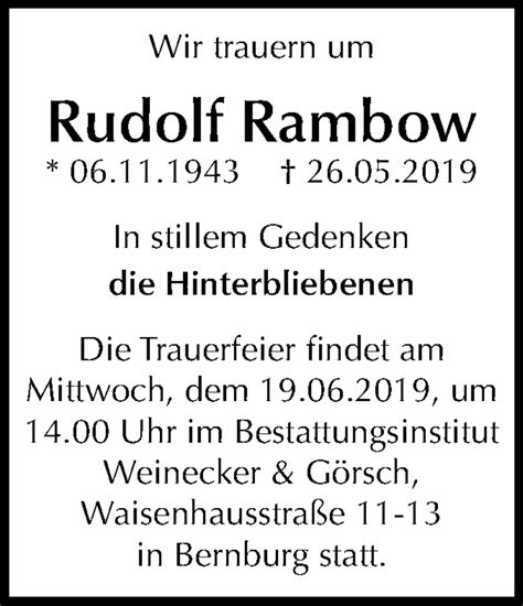 Traueranzeigen Von Rudolf Rambow Abschied Nehmen De