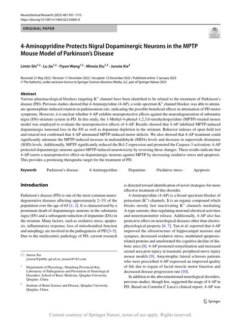4 Aminopyridine Protects Nigral Dopaminergic Neurons In The Mptp Mouse Model Of Parkinsons